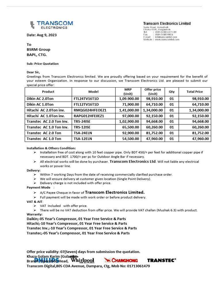 Air Condition Quotation 9-02-25 | PDF | Payments