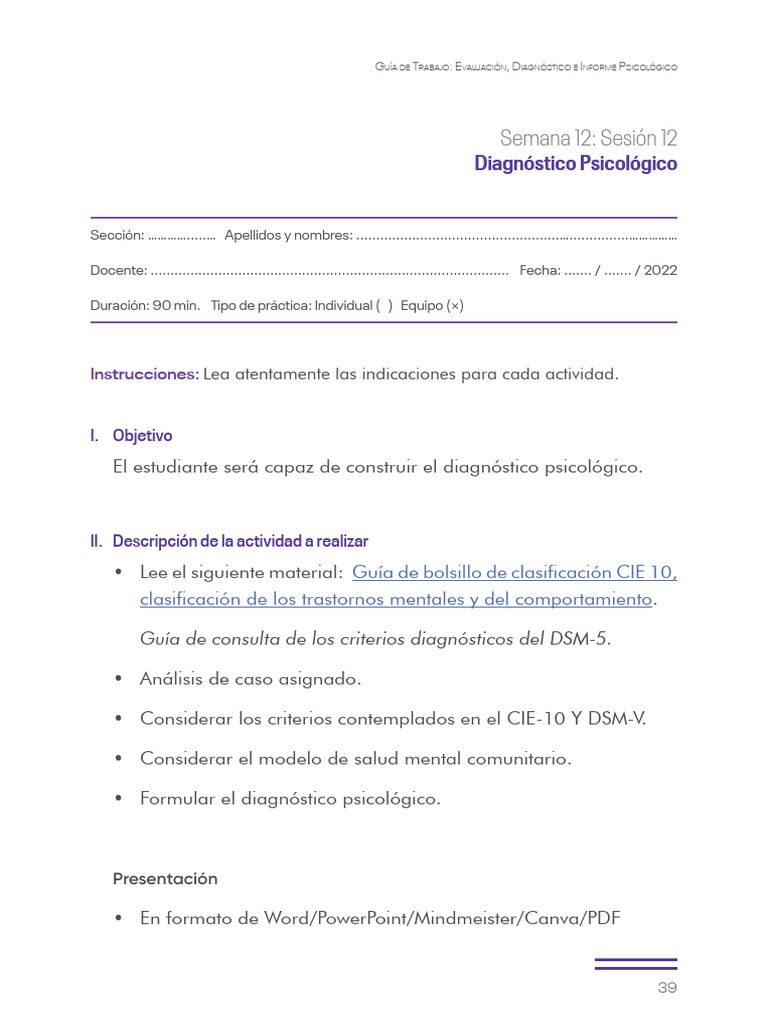 Guía de Trabajo, Evaluación y Diagnostico | PDF | Manual Diagnóstico y Estadístico de los ...
