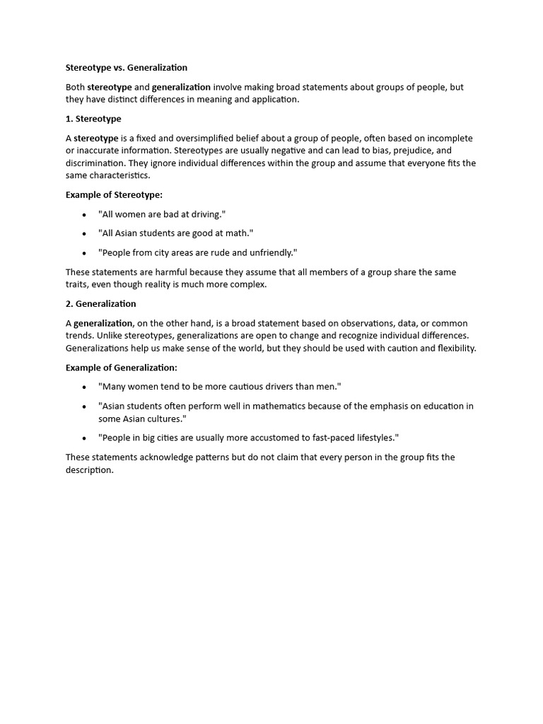 Stereotype Vs Generalization | PDF | Stereotypes | Social Psychology
