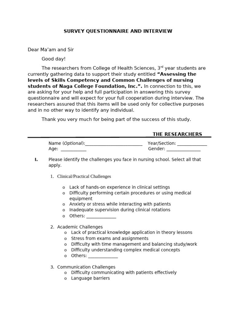Survey Questionnaire and Interview 2 | PDF | Nursing | Health Care