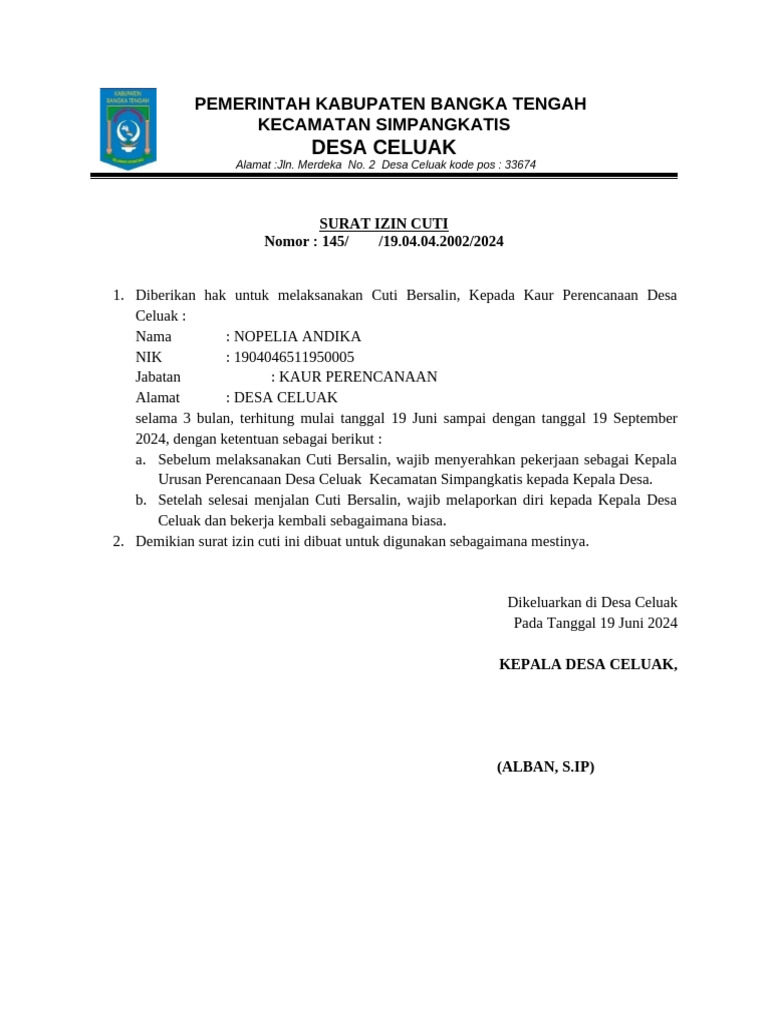 Surat Cuti Bersalin Nopelia Andika | PDF