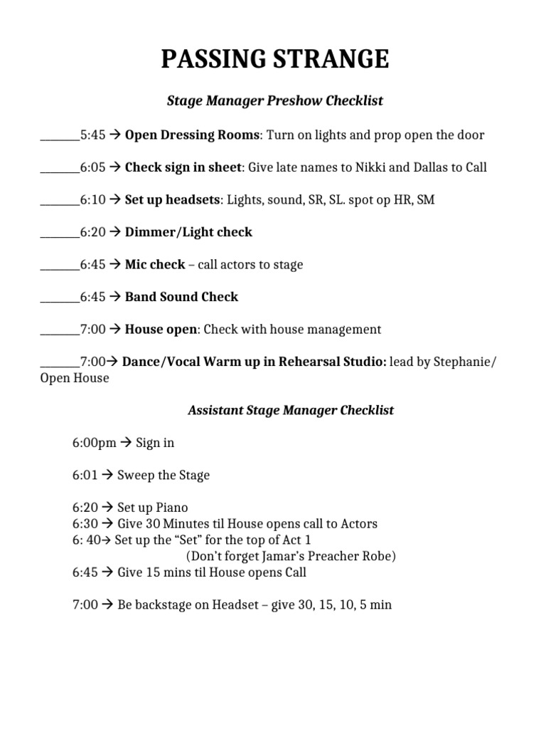 Stage Manager Checklist for Passing Strange | PDF
