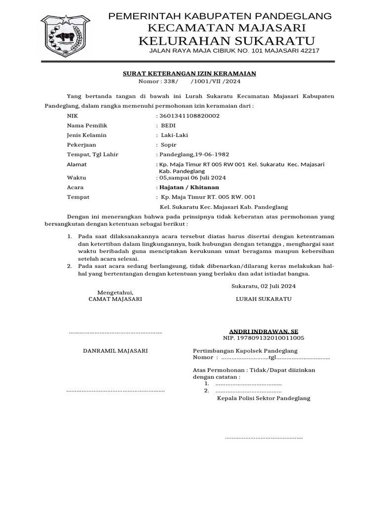 Surat Izin Keramaian Hajatan 2024 | PDF