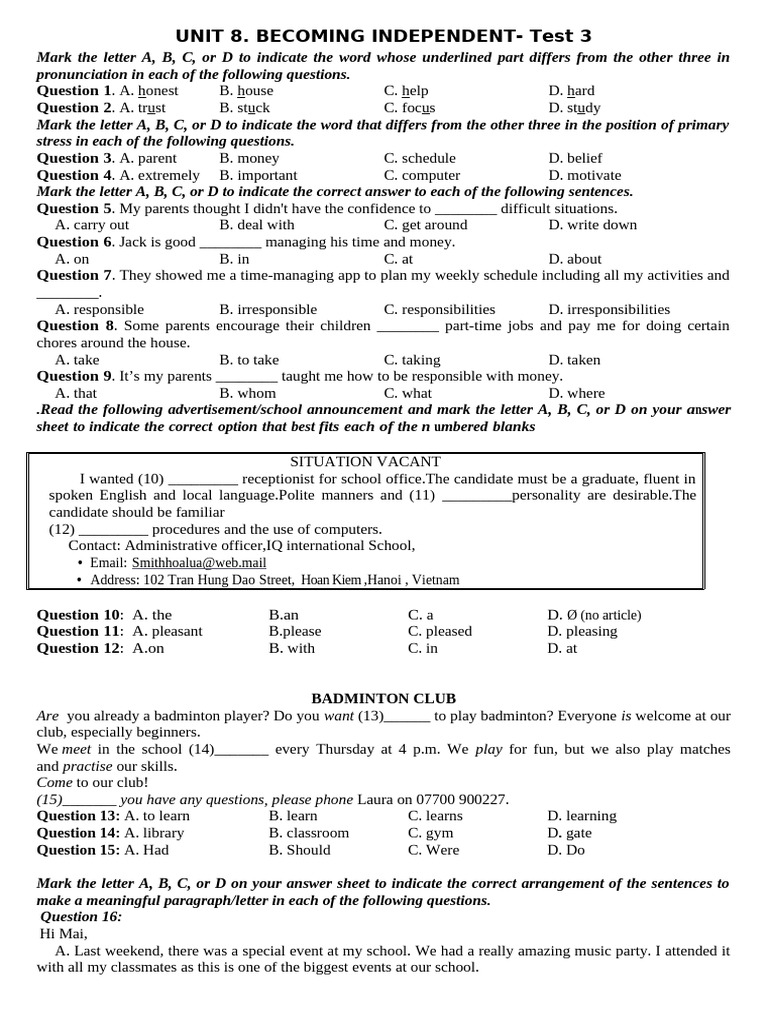Grade 11- unit 8- test 3 | PDF | Adolescence | Autonomy