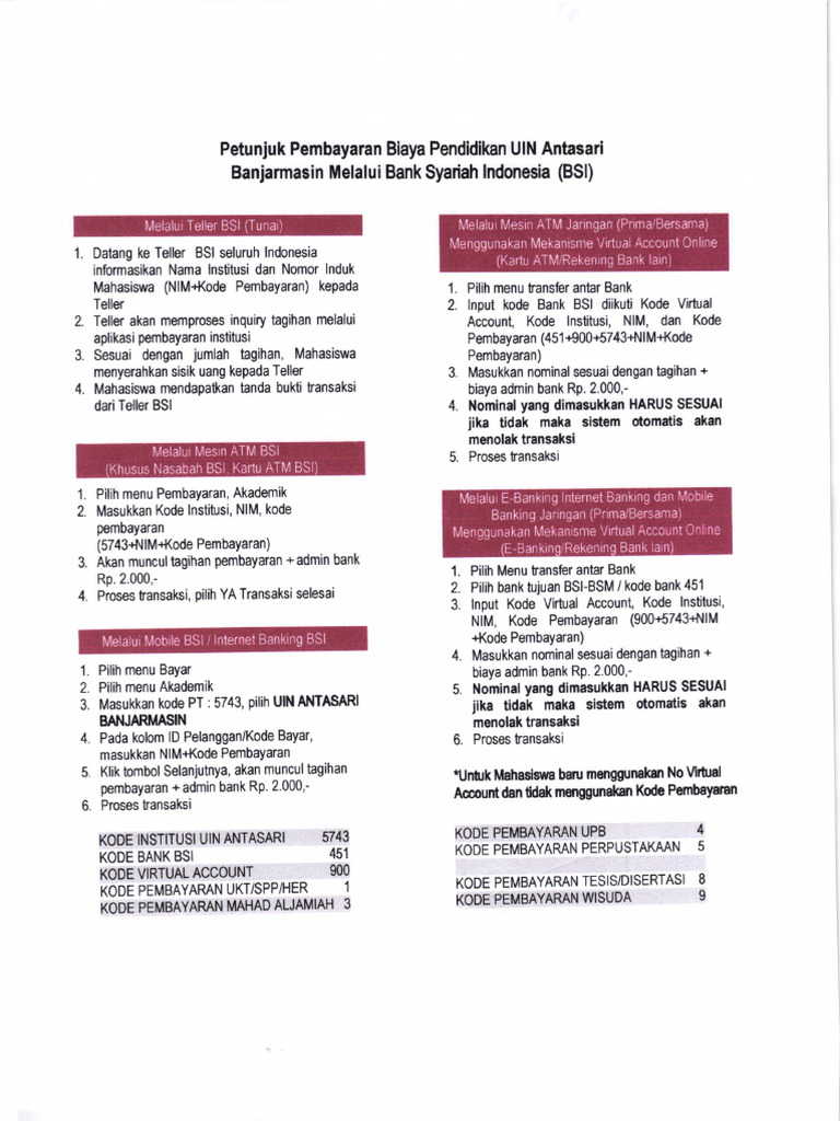 Panduan Pembayaran UIN Antasari | PDF