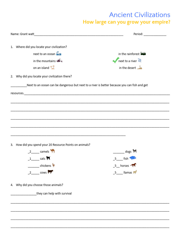 Grant Watt - Ancient Civilizations Survival Game Student Worksheet ...