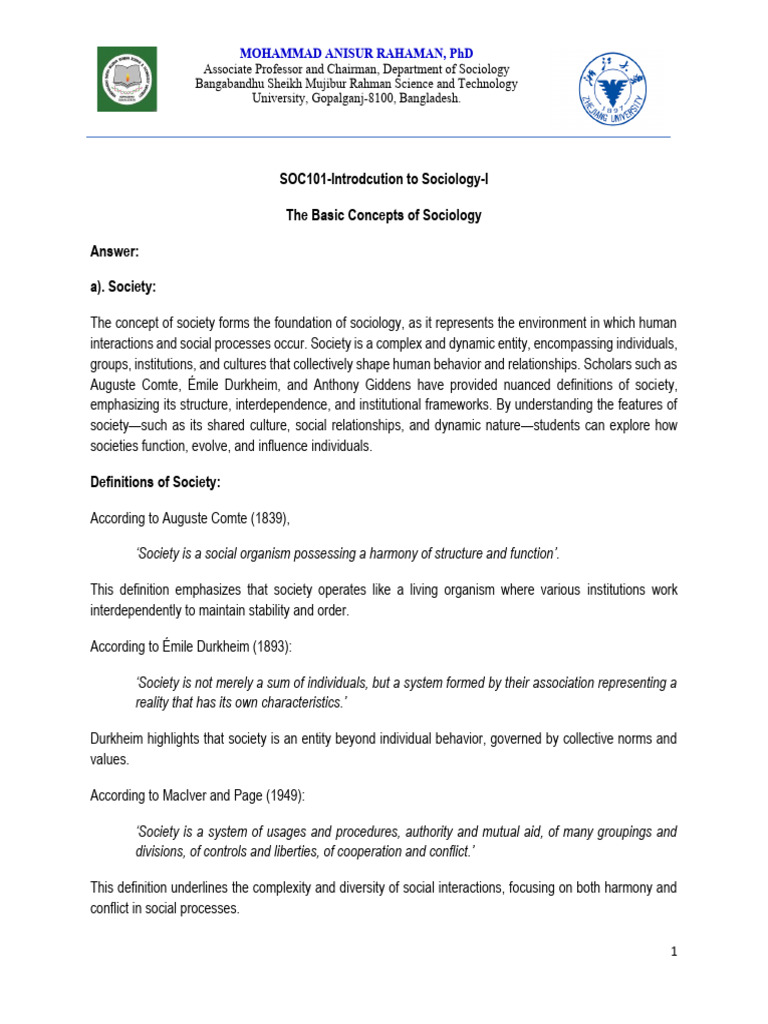 The Basic Concepts of Sociology | PDF | Sociology | Society