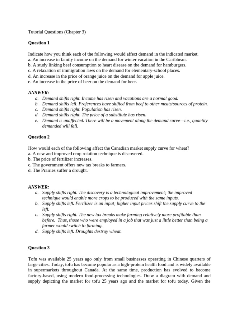Tutorial Questions for Chapter 3 | PDF | Demand | Supply And Demand
