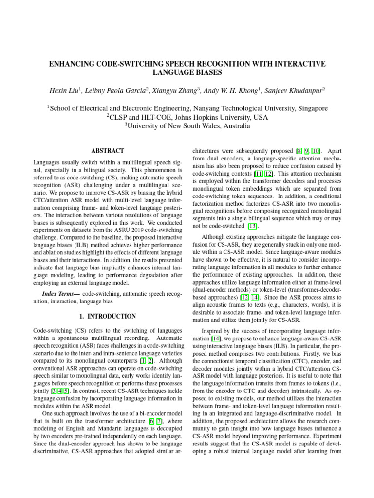 Enchanging Code-Switching Asr WTH Interactive Language Biases | PDF ...