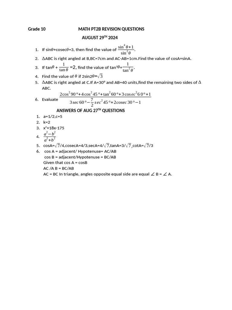 Grade 10 Math Revision Questions | PDF