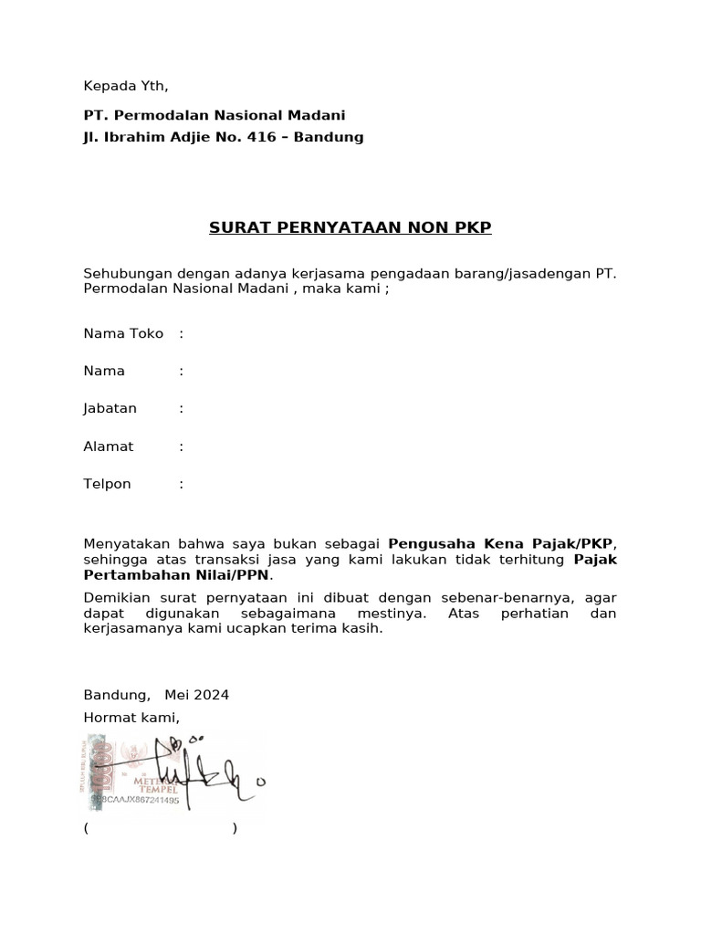 Contoh Surat Pernyataan Non PKP Toko | PDF
