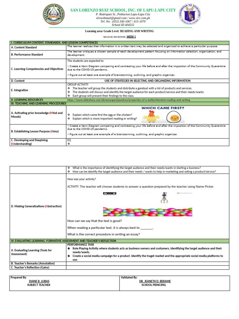 Dlp Week 1 Reading Writing Pdf Educational Assessment Learning