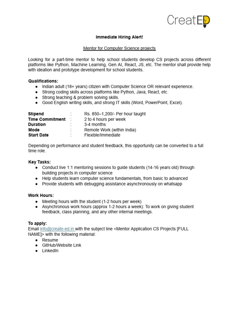 Computer Science Mentor Job Description | PDF