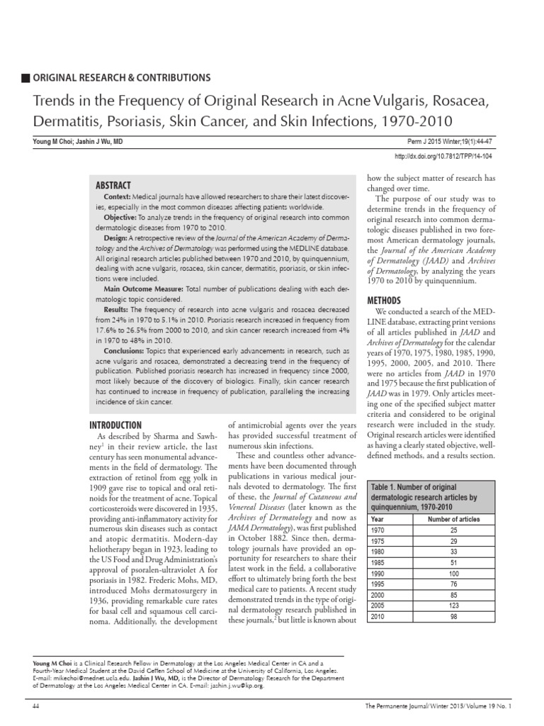 Trends in the Frequency of Original Research in Acne Vulgaris, Rosacea ...