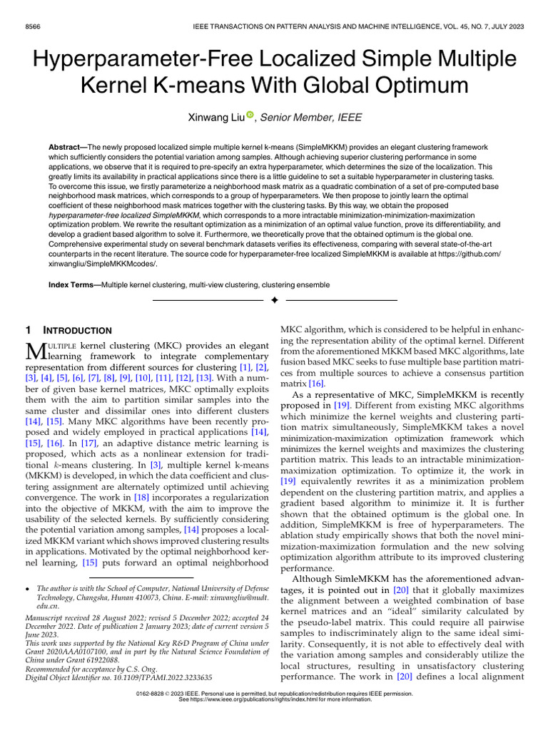 Hyperparameter-Free Localized Simple Multiple Kernel K-Means With Global Optimum | PDF ...