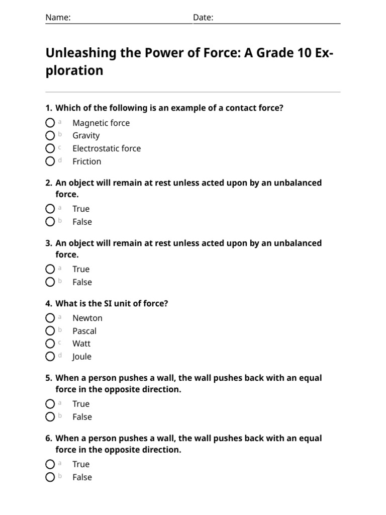 Grade 10 Force Quiz Questions | PDF | Force | Newton's Laws Of Motion
