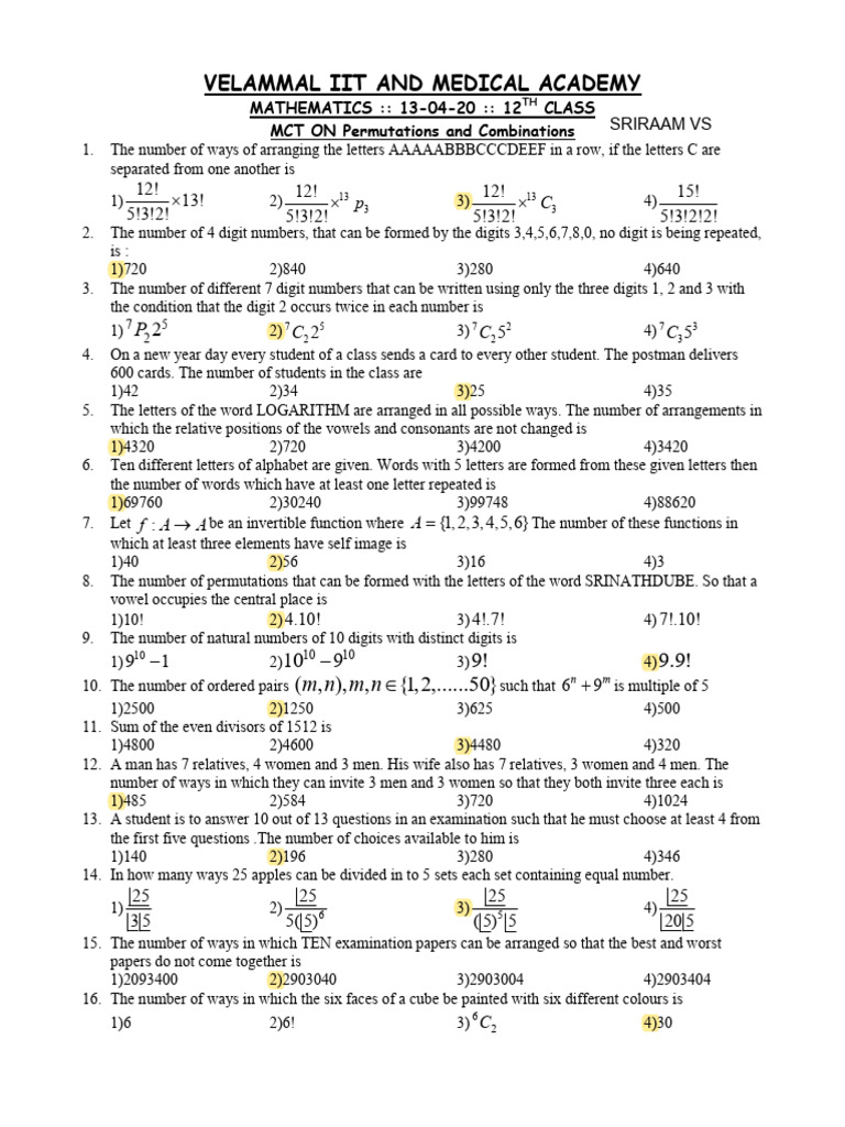 12th Class Permutations & Combinations Test | PDF | Algebra | Mathematics