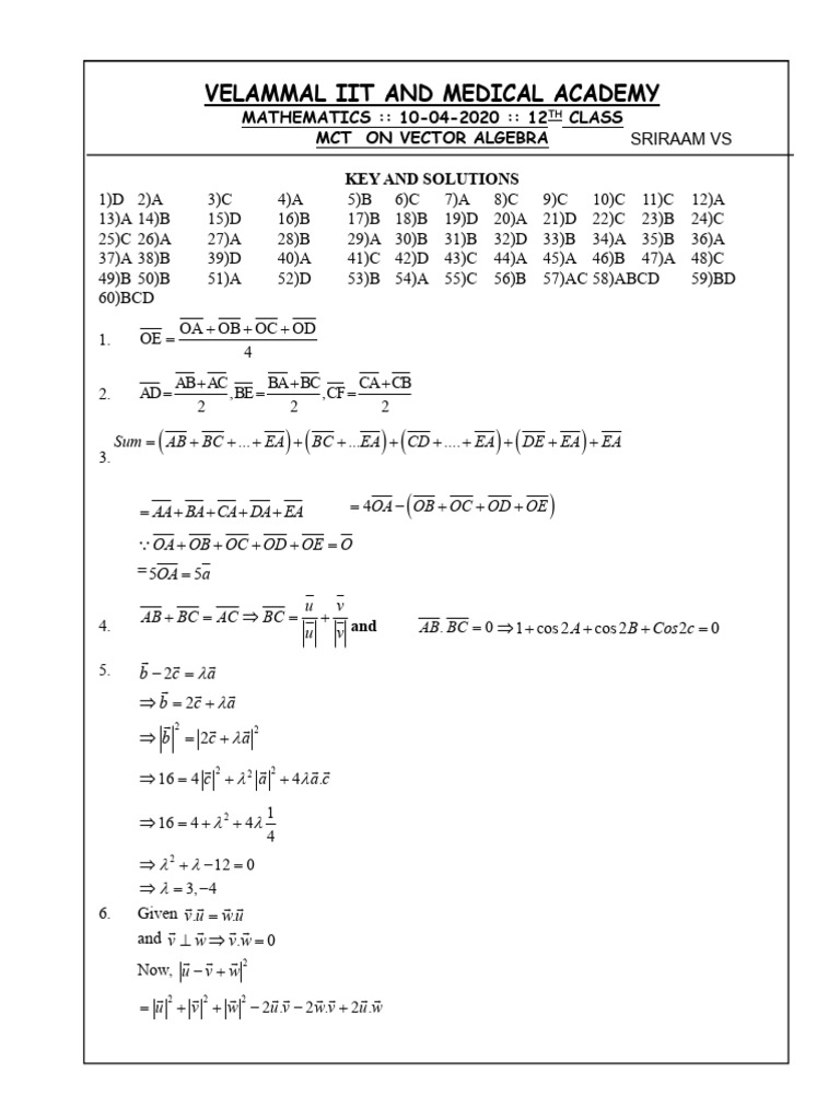 MCT ON VECTORS DPP SOLUTIONS 10-04-20 | PDF | Algebra | Linear Algebra