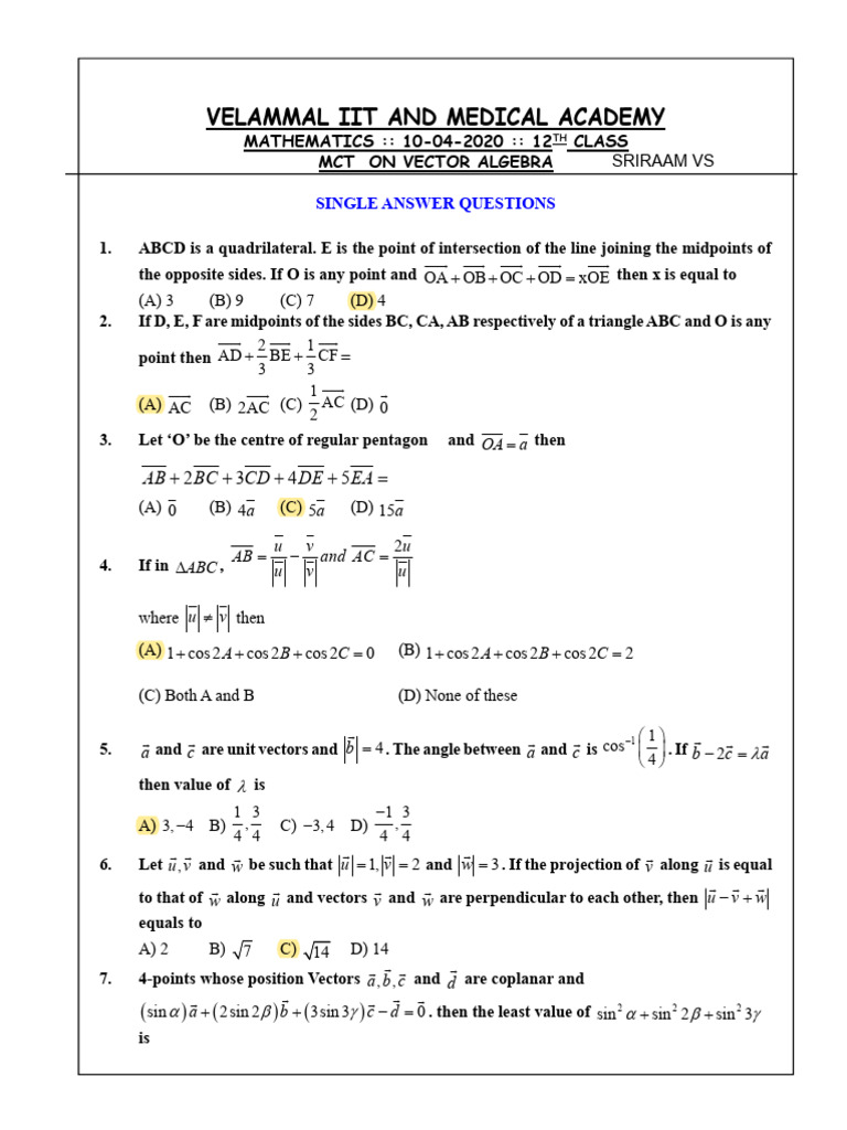 Vector Algebra Questions for 12th Class | PDF | Angle | Euclidean Vector
