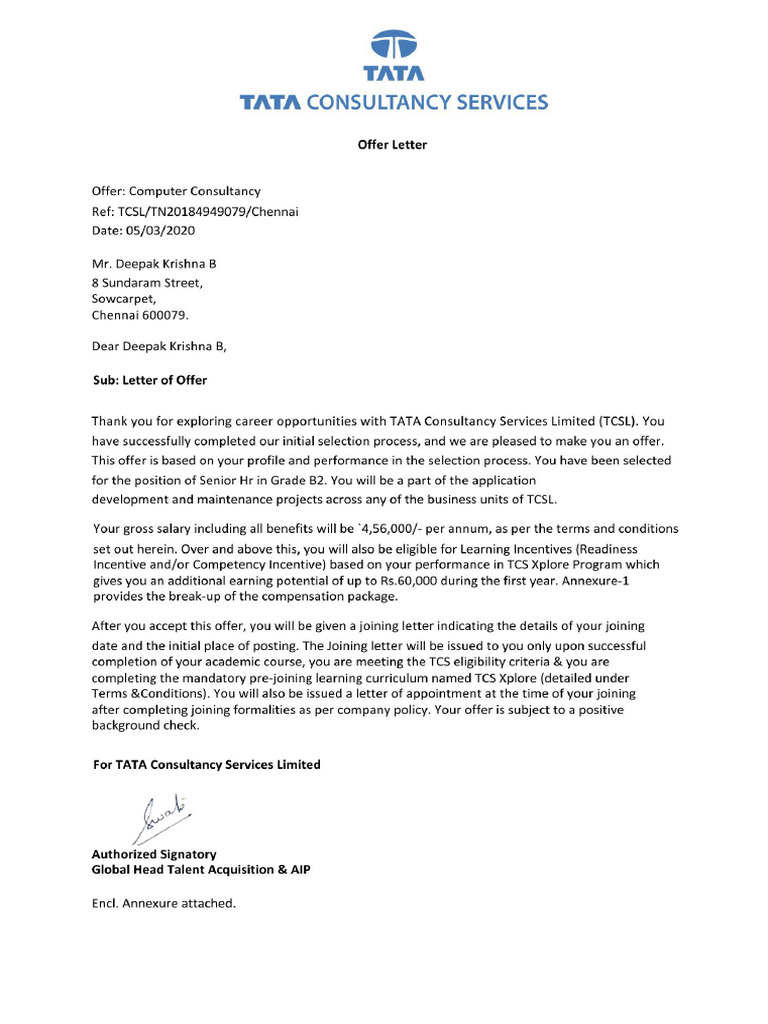 TCS - Offer Letter | PDF