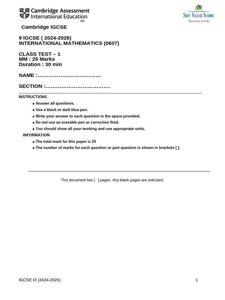 Class Test 1 - CHP 1 To 4 | PDF | Mathematics