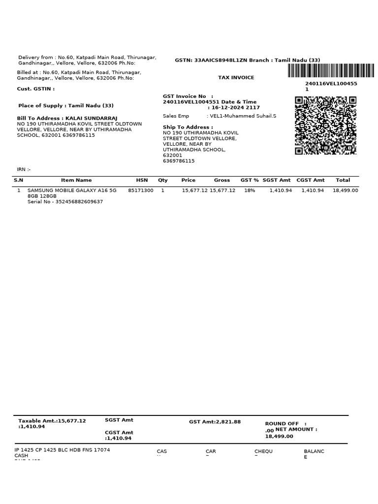 GST Invoice for Samsung Galaxy A16 5G | PDF