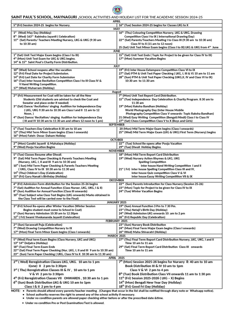 School Activity List 2024-25 | PDF