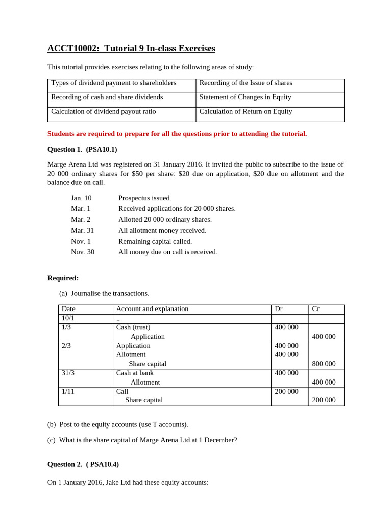 Accounting Tutorial Exercises | PDF | Dividend | Retained Earnings