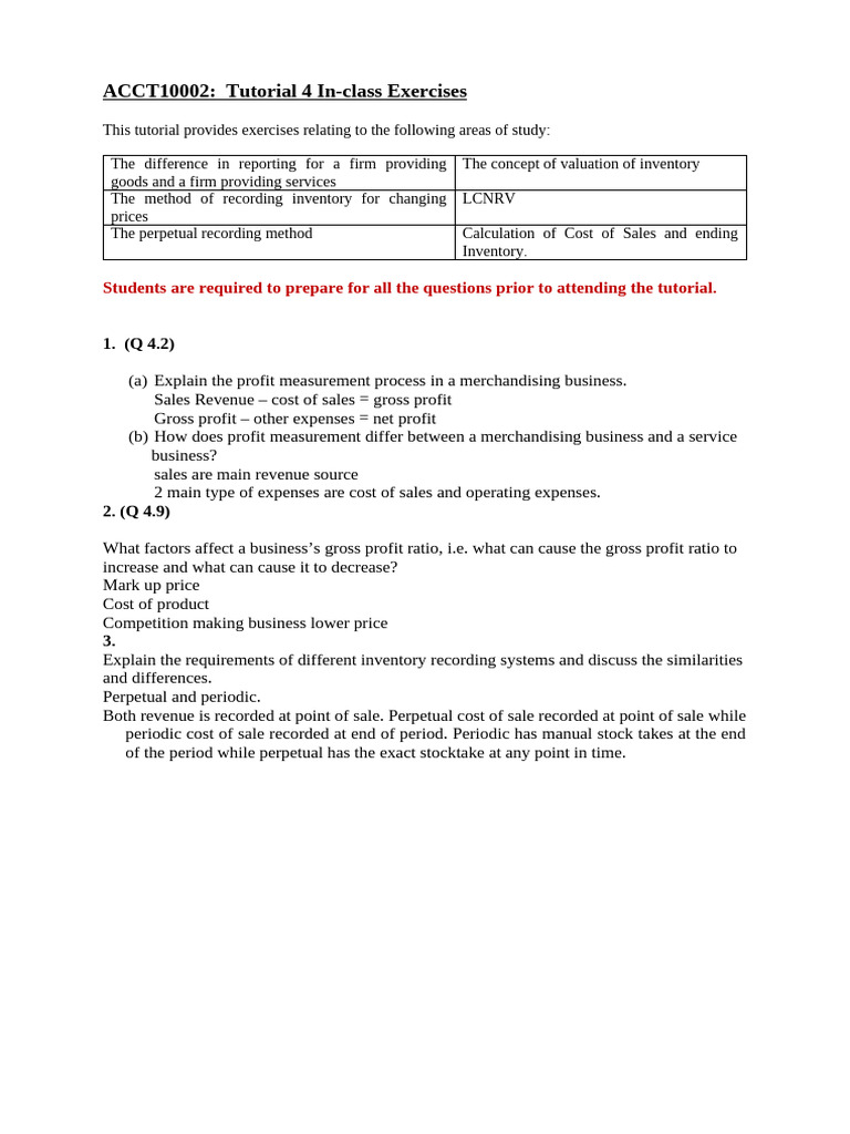 ACCT10002 Tutorial 4 in-class Exercises | PDF | Economies | Financial Accounting