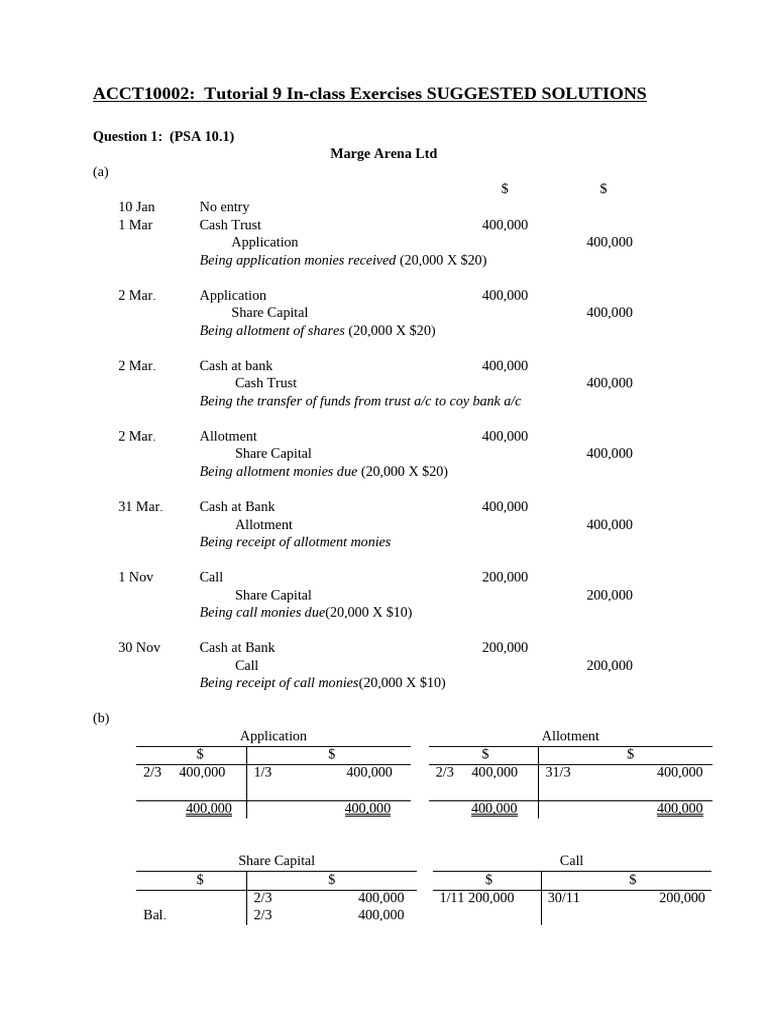 ACCT10002 Tutorial 9 in-class Exercises_Solutions | PDF | Dividend | Debits And Credits