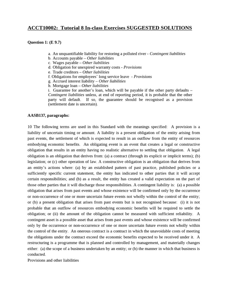 ACCT10002 Tutorial 8 In-Class Exercises - Solutions New | PDF | Accrual | Liability (Financial ...