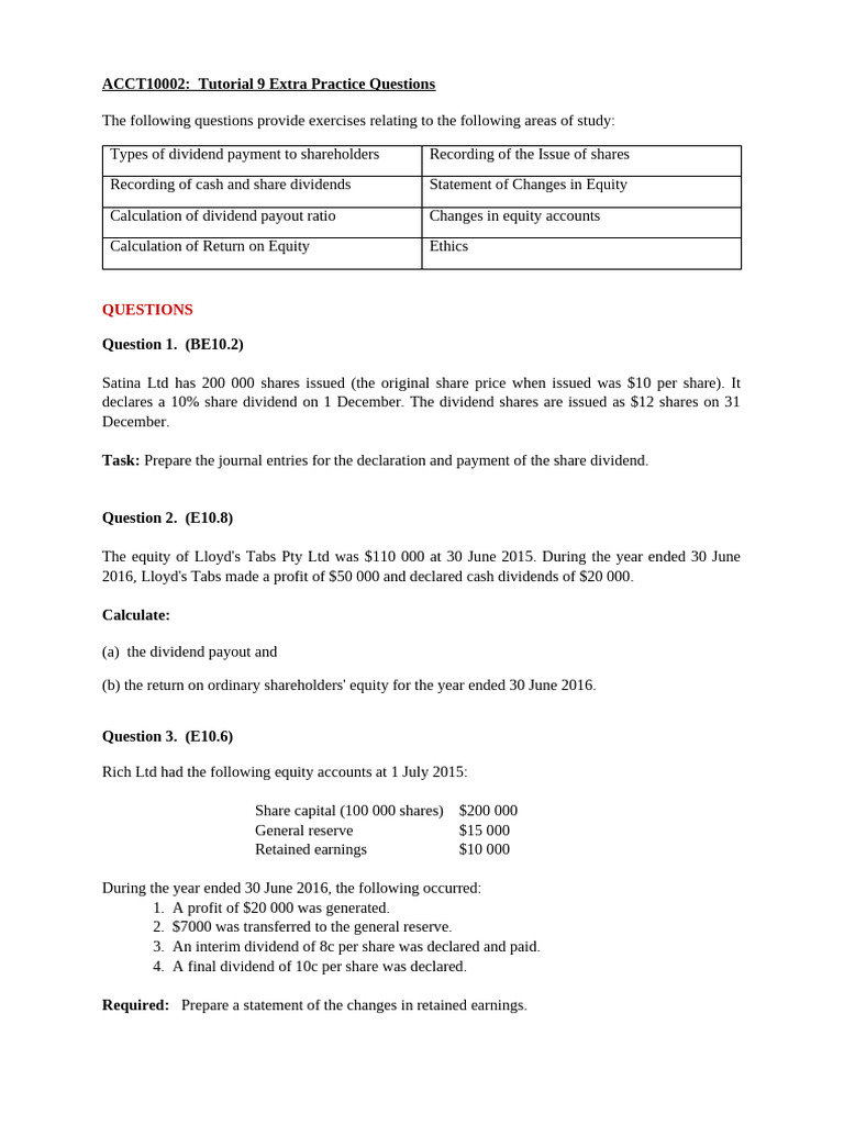 Equity and Dividend Accounting Exercises | PDF | Dividend | Retained ...