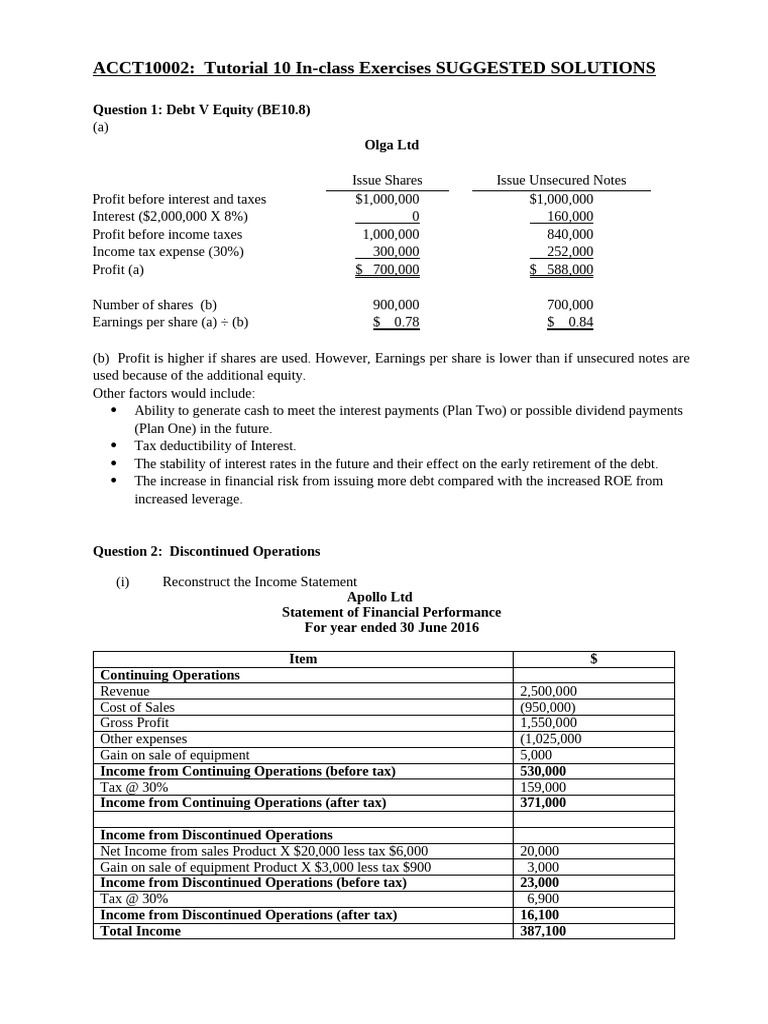 ACCT10002 Tutorial 11 in-class Exercises_Solutions | PDF | Income Statement | Expense