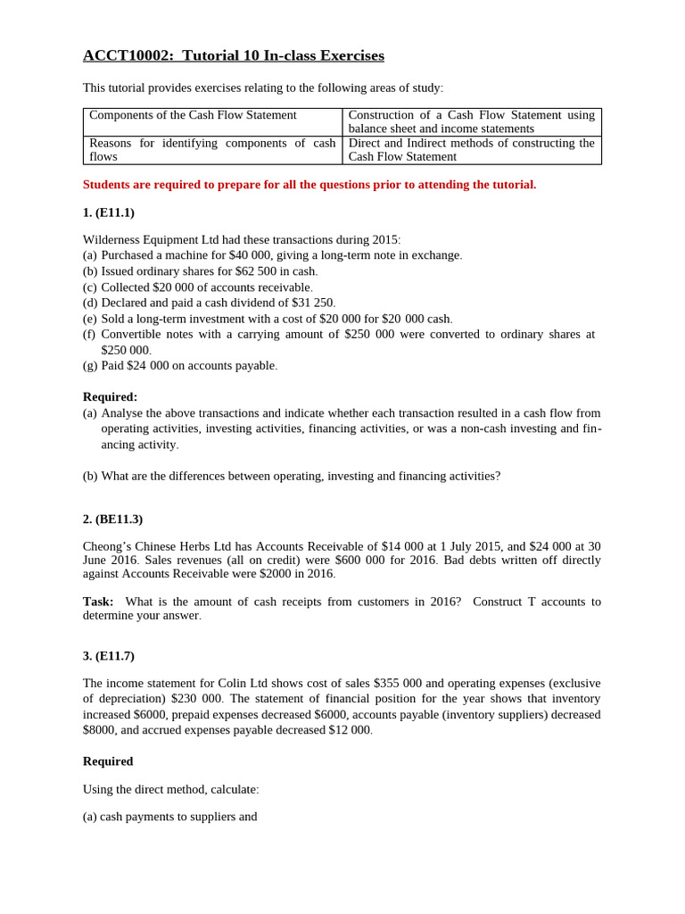 ACCT10002 Tutorial 10 In-Class Exercises | PDF | Expense | Cash Flow Statement