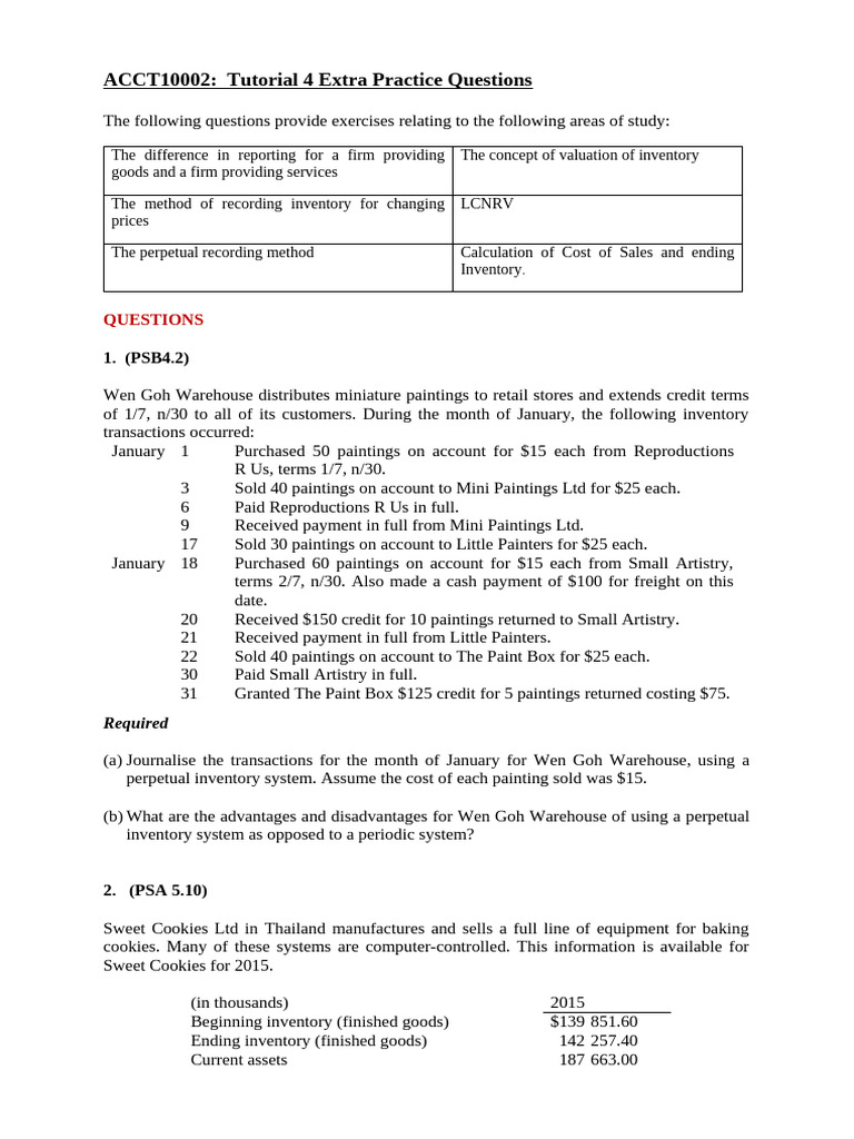 ACCT10002: Inventory Practice Questions | PDF | Inventory | Cost Of ...