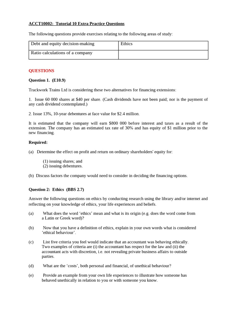 ACCT10002 Tutorial 11 Extra Practice Questions and Solutions | PDF ...