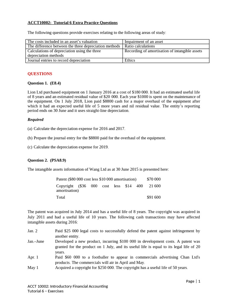 ACCT10002 Tutorial 6 Practice Questions | PDF | Depreciation | Book Value