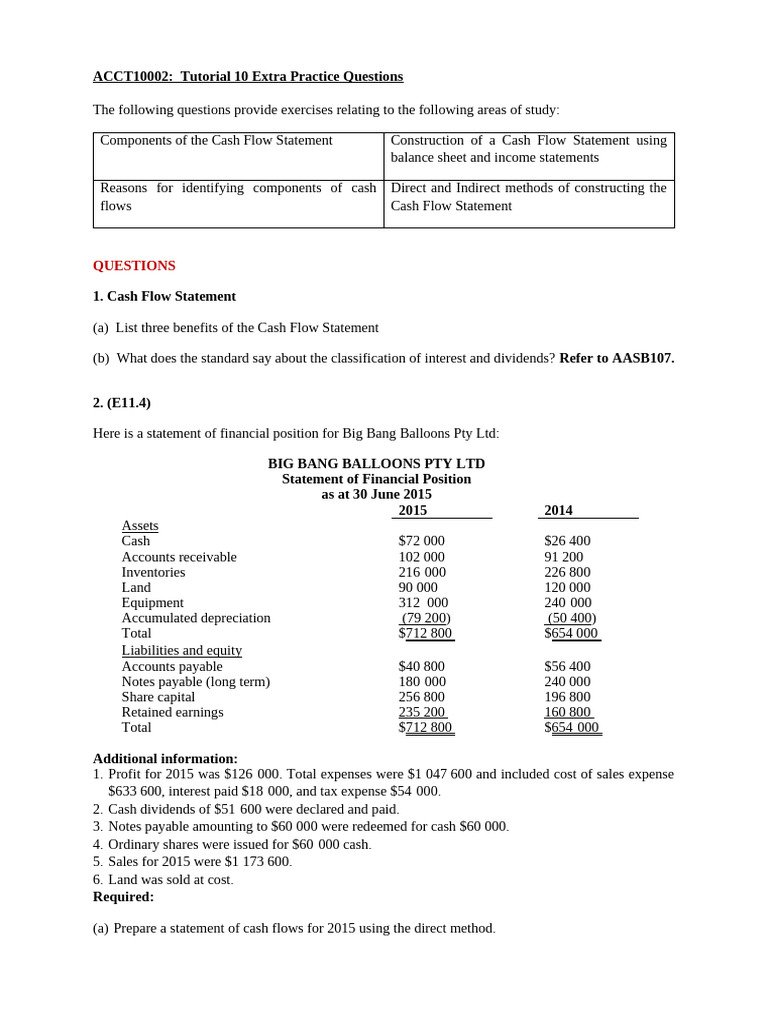 ACCT10002 Tutorial 10 Extra Practice Questions and Solutions | PDF | Expense | Cash Flow Statement