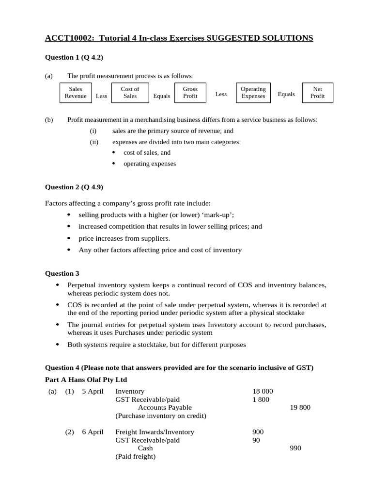 ACCT10002 Tutorial 4 In-Class Exercises - Solutions | PDF | Accounts Payable | Profit (Economics)