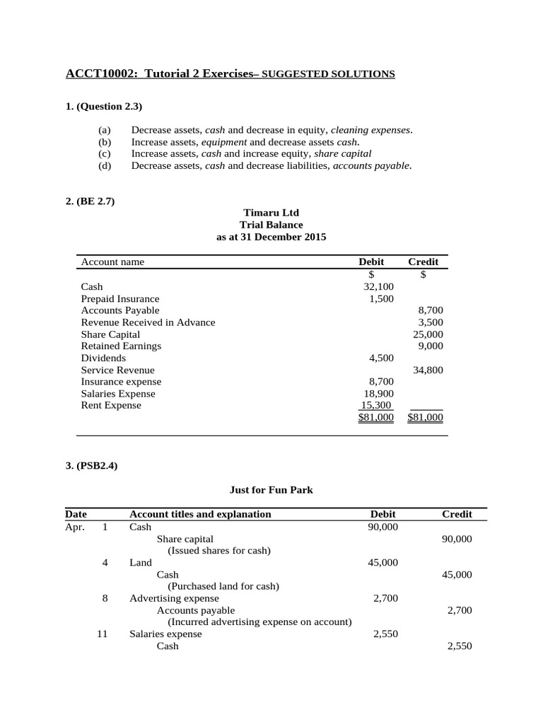 ACCT10002 Tutorial 2 In-Class Exercises - Solutions | PDF | Debits And Credits | Expense