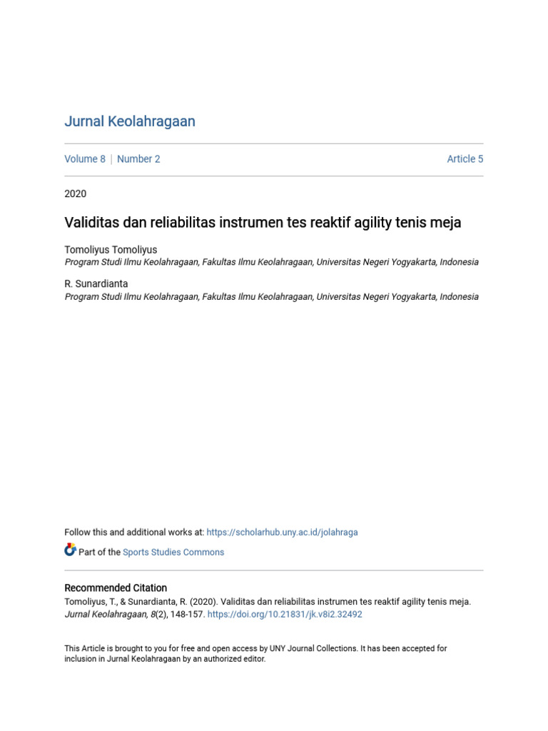 Validitas Dan Reliabilitas Instrumen Tes Reaktif Agility Tenis Me | PDF