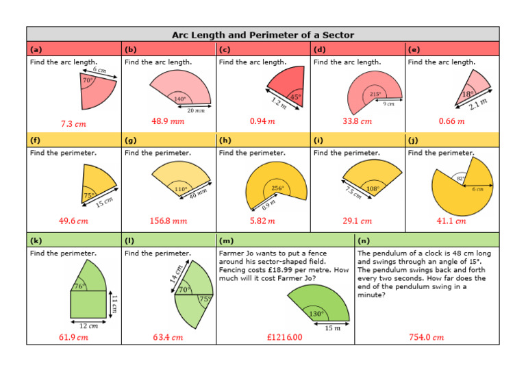 Arc Length and Perimeter of A Sector Practice Grid Answers | PDF