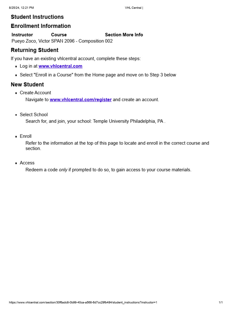 VHL Central Enrollment Instructions | PDF