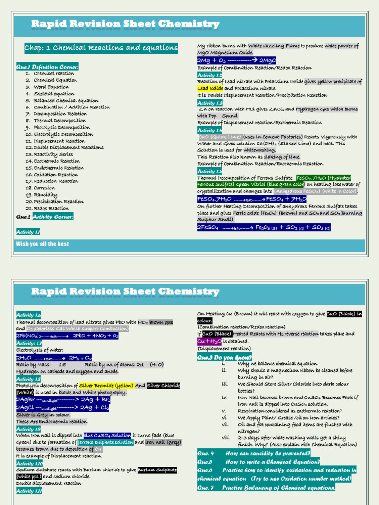 Chemistry Rapid Revision Guide | PDF | Chemical Reactions | Metals