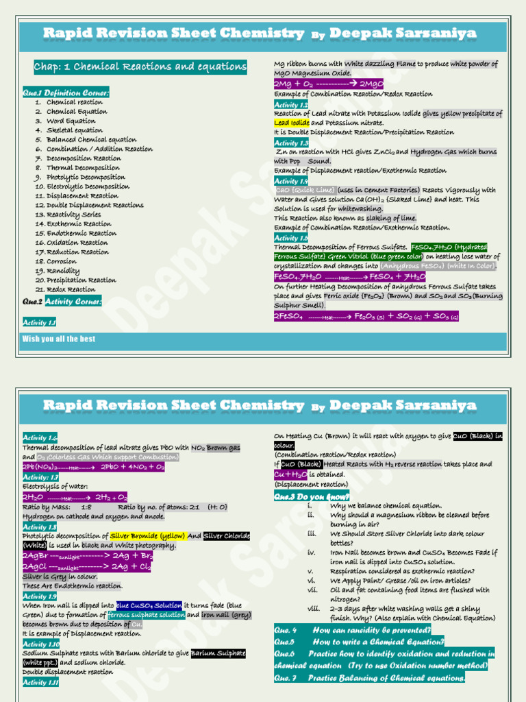 Rapid Revision Chemistry Sheet | PDF | Chemical Reactions | Acid