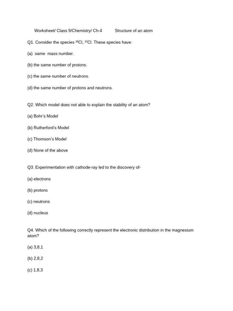 Worksheet - Class 9-Chemistry - Ch-4 Structure of An Atom | PDF | Atoms ...