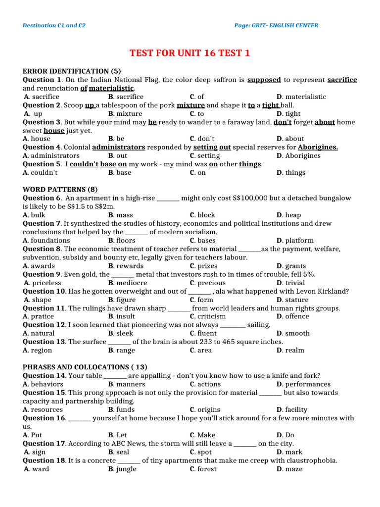 TEST C2 UNIT 16 ĐỀ SỐ 1 | PDF