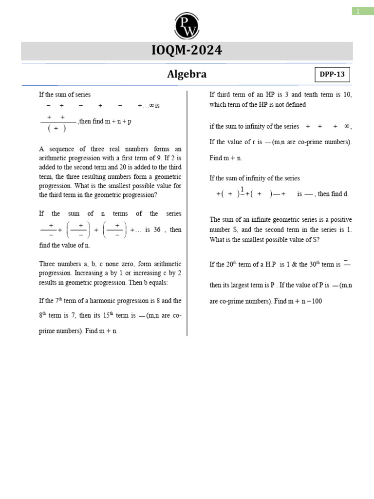 Algebra DPP 13 IOQM 202465b1fc0db604560018193016 | PDF | Mathematical Objects | Mathematics