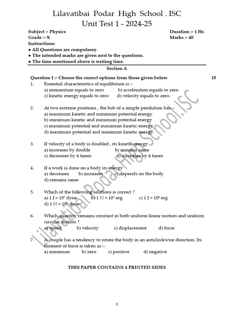 UT 1_Grade 10_Physics | PDF | Force | Kinetic Energy