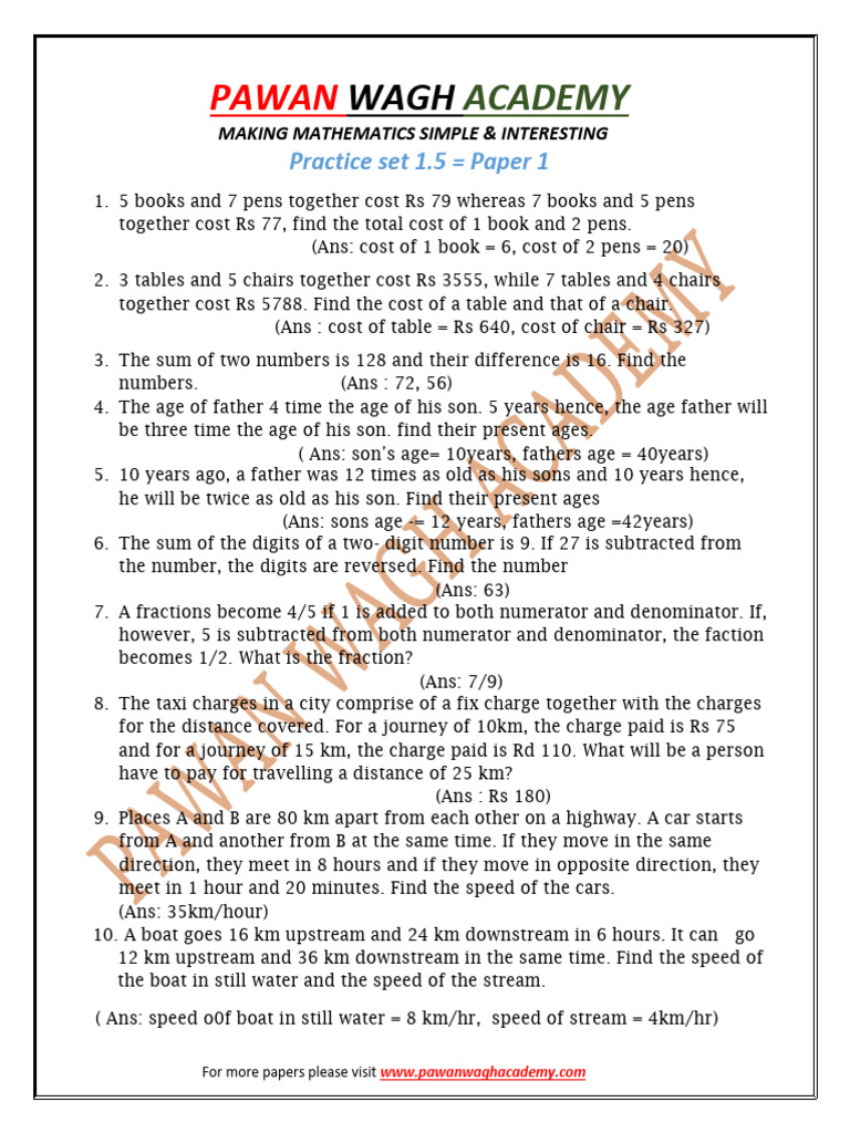 Practice Paper Based On 10th Maths 1 Chapter 1 Practice Set 1.5 Paper 1 | PDF | Speed ...